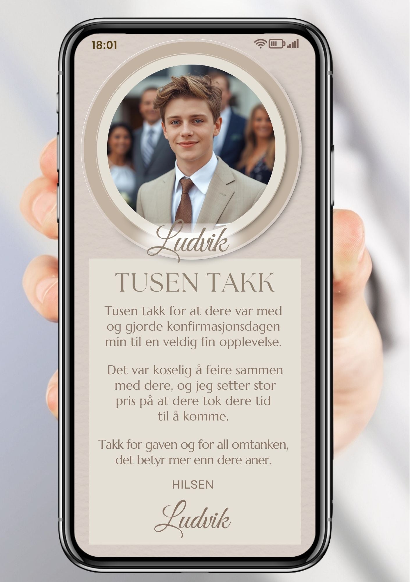 Mobil takkekort konfirmasjon beige med bilde | KISS DEKOR