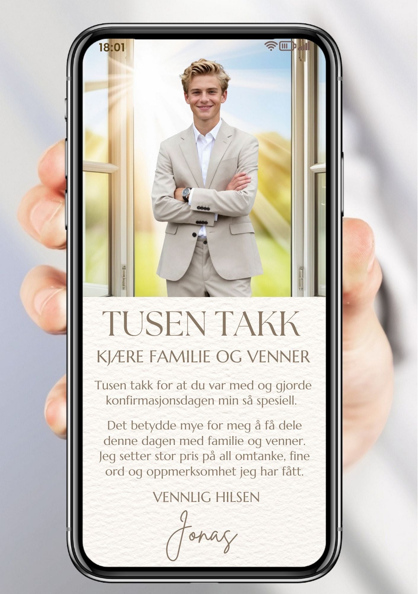 Mobil takkekort konfirmasjon gutt med bilde | KISS DEKOR